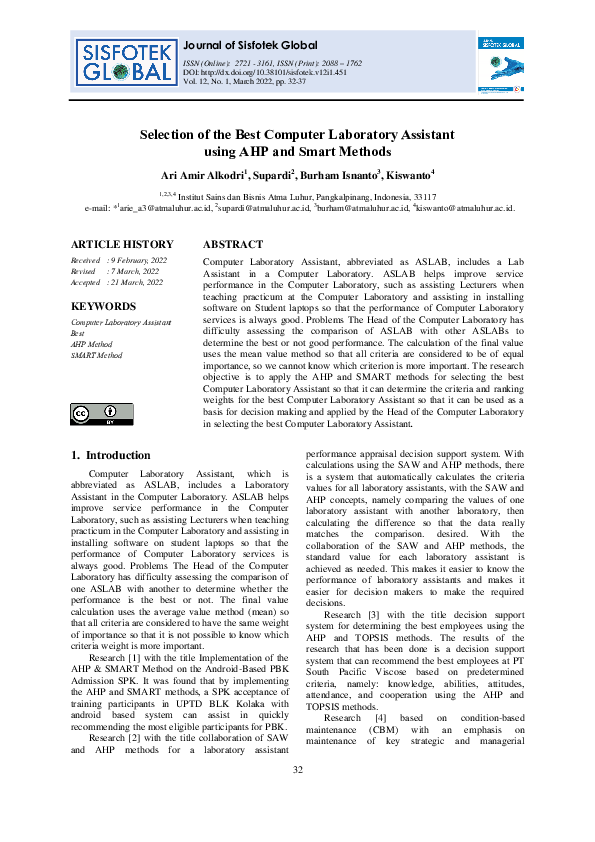 (PDF) Selection of the Best Computer Laboratory Assistant Using AHP and ...