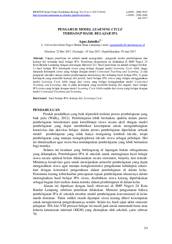 (PDF) Pengaruh Model Learning Cycle Terhadap Hasil Belajar Ipa