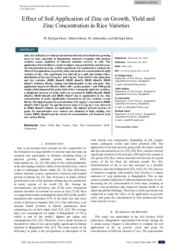 (PDF) Effect of Soil Application of Zinc on Growth, Yield and Zinc Concentration in Rice Varieties