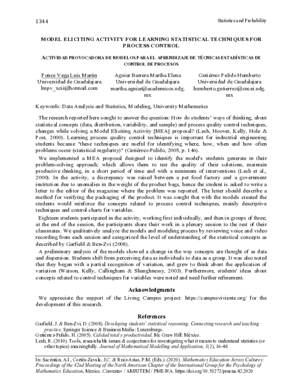 (PDF) Model eliciting activity for learning statistical techniques for process control ...