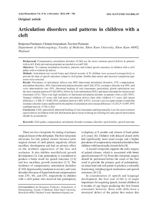 (PDF) Articulation disorders and patterns in children with a cleft