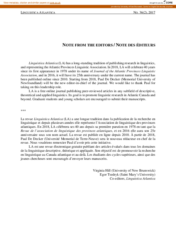 (PDF) Note from the Editors / Note des Éditeurs
