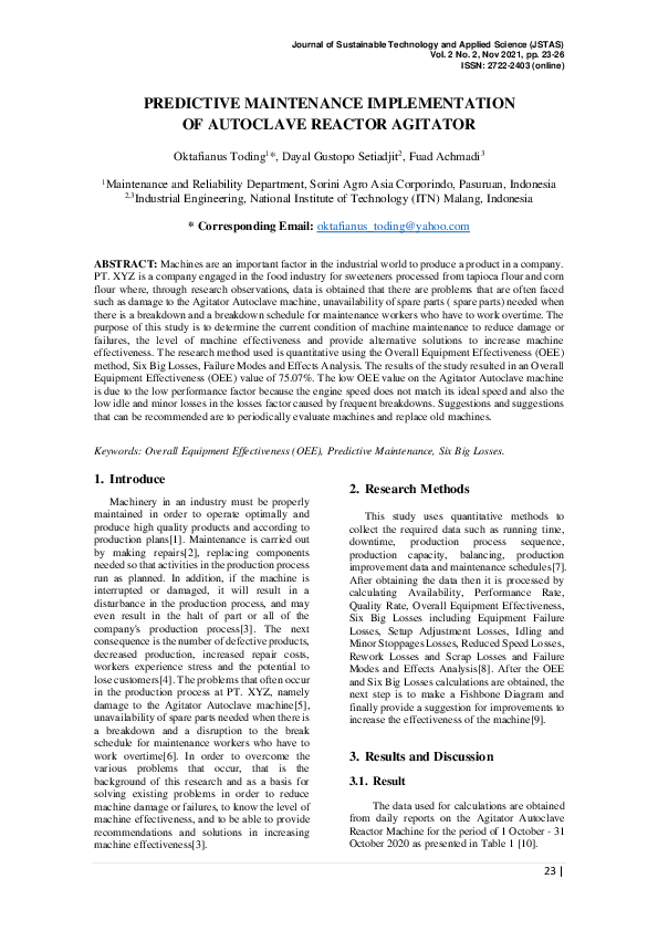 (PDF) Predictive Maintenance Implementation of Autoclave Reactor Agitator