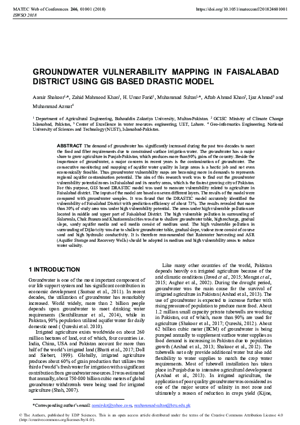 Pdf Groundwater Vulnerability Mapping In Faisalabad District Using Gis Based Drastic Model