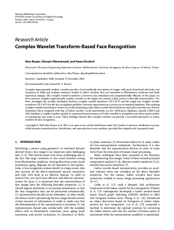 (PDF) ResearchArticle Complex Wavelet Transform-Based Face Recognition