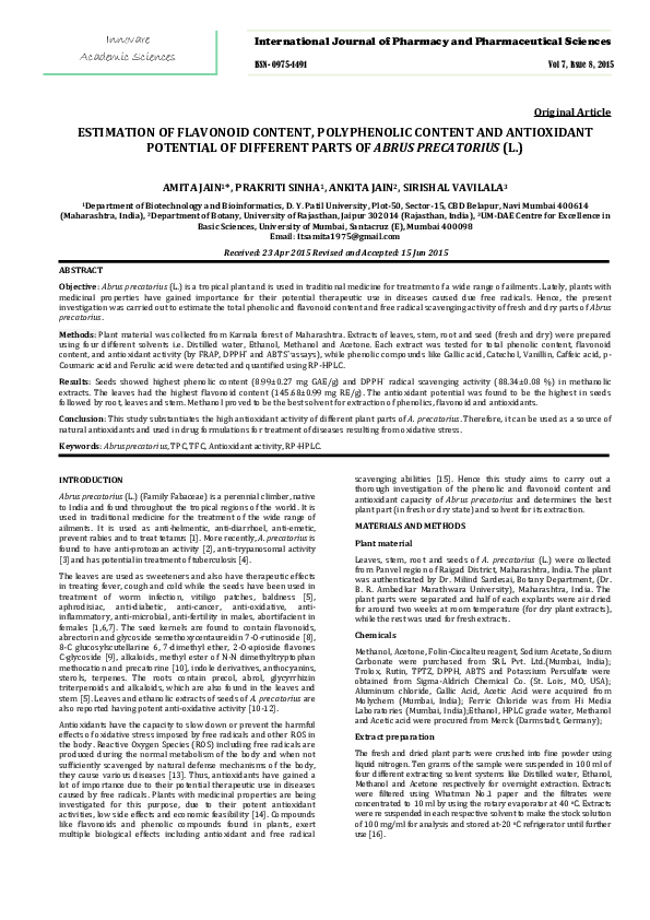 (PDF) ESTIMATION OF FLAVONOID CONTENT, POLYPHENOLIC CONTENT AND ...