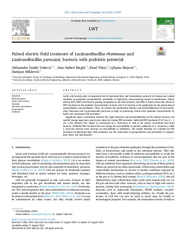 (PDF) Pulsed electric field treatment of Lacticaseibacillus rhamnosus ...