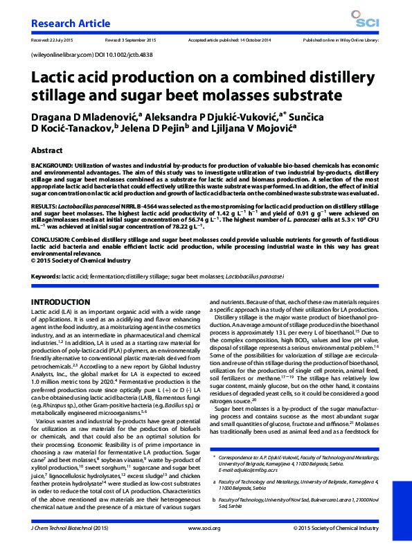 (PDF) Lactic acid production on a combined distillery stillage and ...