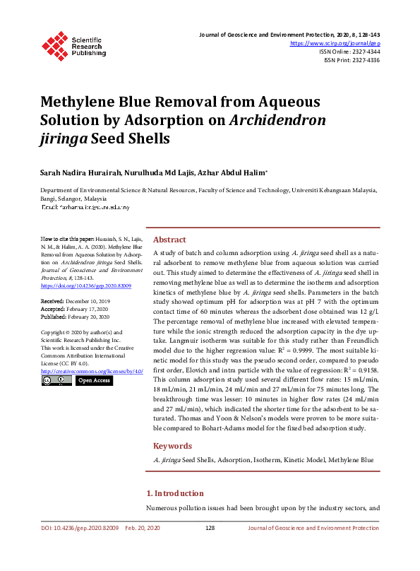 (PDF) Methylene Blue Removal from Aqueous Solution by Adsorption on ...