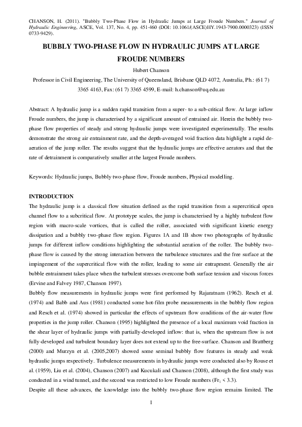 (PDF) Bubbly Two-Phase Flow in Hydraulic Jumps at Large Froude Numbers