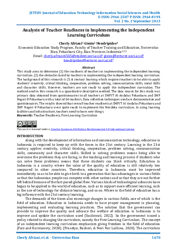 (PDF) Analysis of Teacher Readiness in Implementing the Independent Learning Curriculum