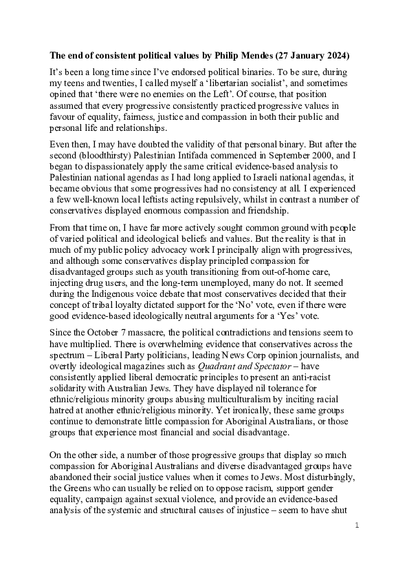 (DOC) The end of consistent political values by Philip Mendes