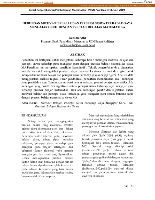 (PDF) Hubungan Motivasi Belajar dan Persepsi Siswa terhadap Gaya Mengajar Guru dengan Prestasi ...