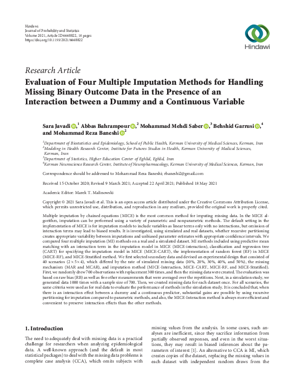 (PDF) Evaluation of Four Multiple Imputation Methods for Handling Missing Binary Outcome Data in ...