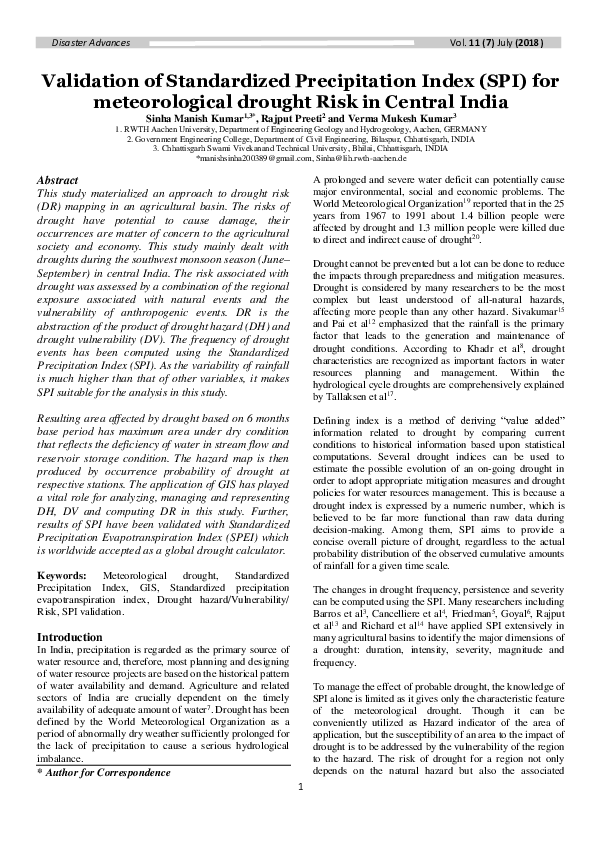 (PDF) Validation of Standardized Precipitation Index (SPI) for Meteorological Drought Risk in ...
