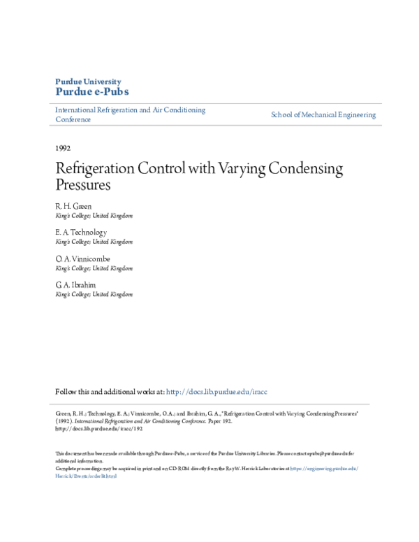 (PDF) Refrigeration Control with Varying Condensing Pressures