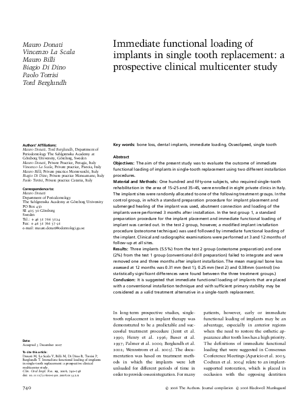 (PDF) Immediate functional loading of implants in single tooth replacement: a prospective ...