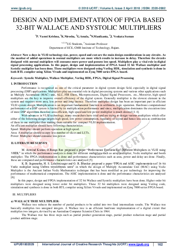 (PDF) DESIGN AND IMPLEMENTATION OF FPGA BASED 32-BIT WALLACE AND SYSTOLIC MULTIPLIERS 1