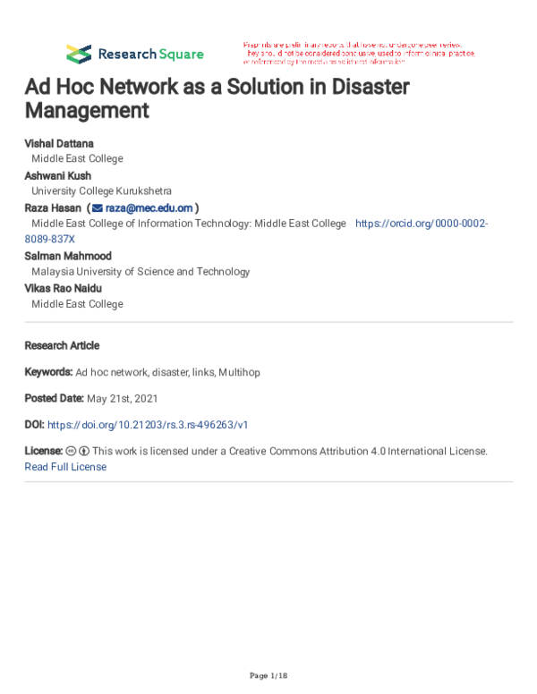 (PDF) Ad Hoc Network as a Solution in Disaster Management