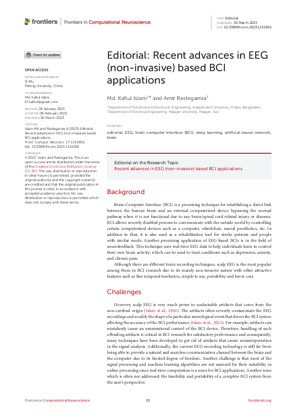 (PDF) Editorial: Recent advances in EEG (non-invasive) based BCI applications