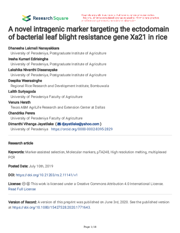 (PDF) A novel intragenic marker targeting the ectodomain of bacterial leaf blight resistance ...
