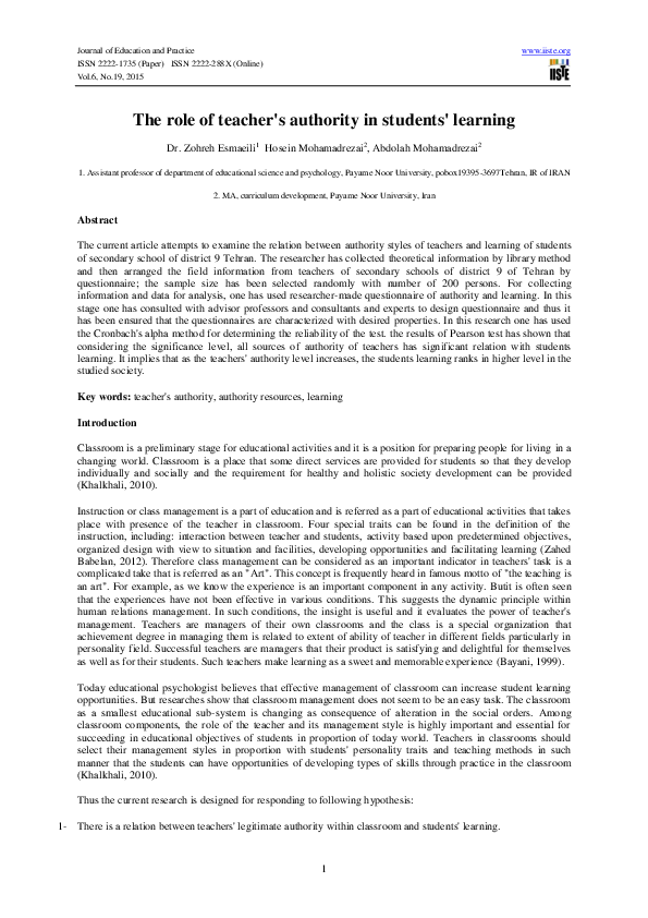 (PDF) The role of teacher's authority in students' learning