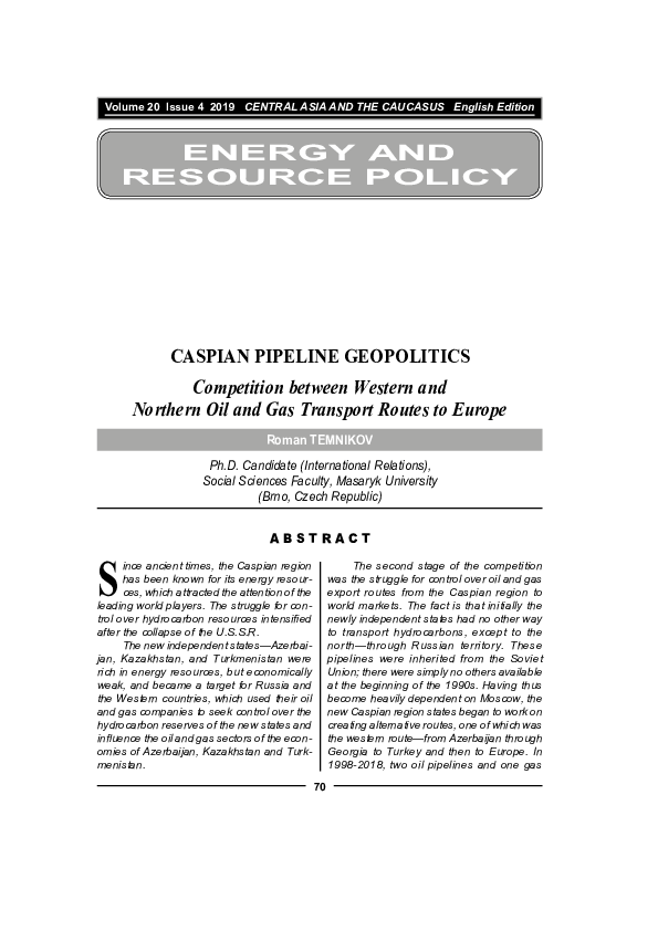 (PDF) CASPIAN PIPELINE GEOPOLITICS Competition between Western and Northern Oil and Gas ...