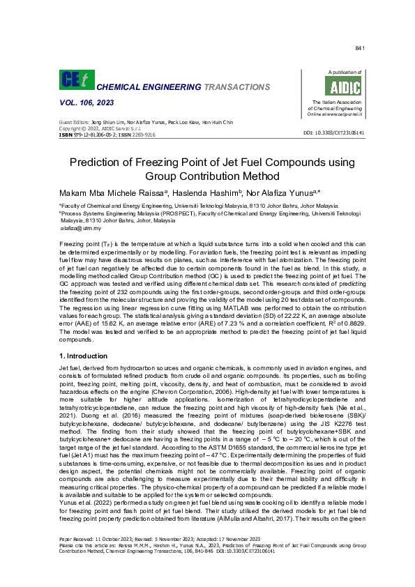 (PDF) Prediction of Freezing Point of Jet Fuel Compounds using Group ...