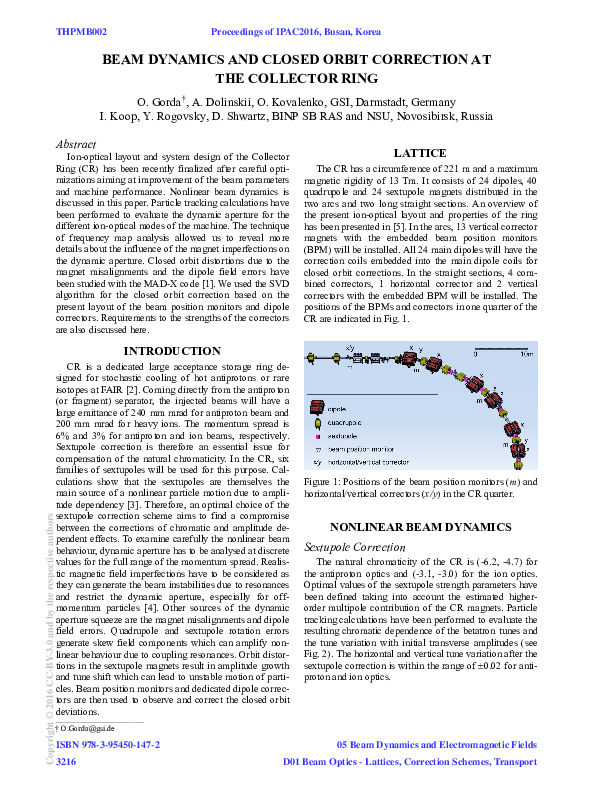 (PDF) Beam Dynamics and Closed Orbit Correction at the Collector Ring