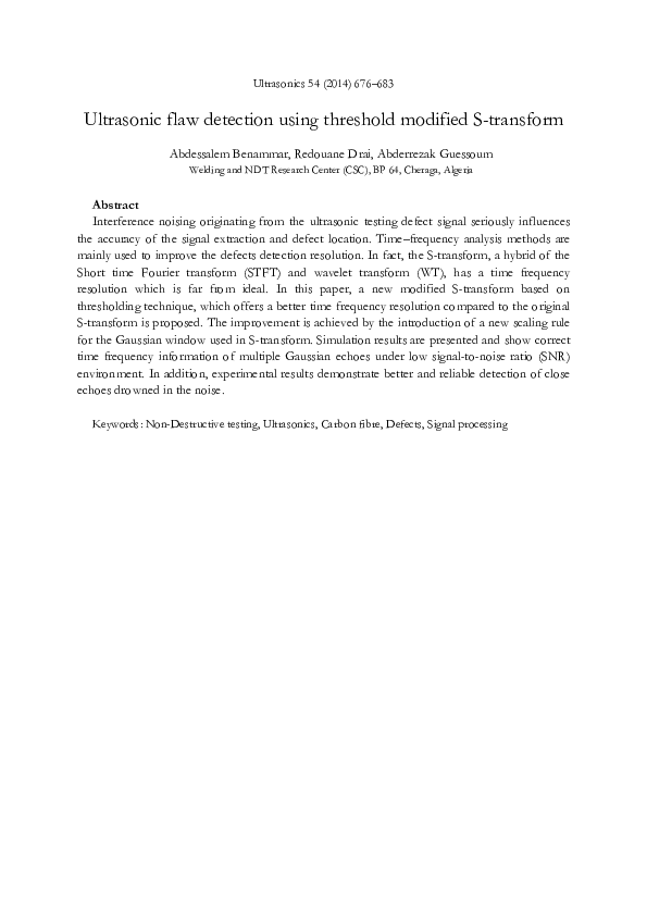 (PDF) Ultrasonic flaw detection using threshold modified S-transform
