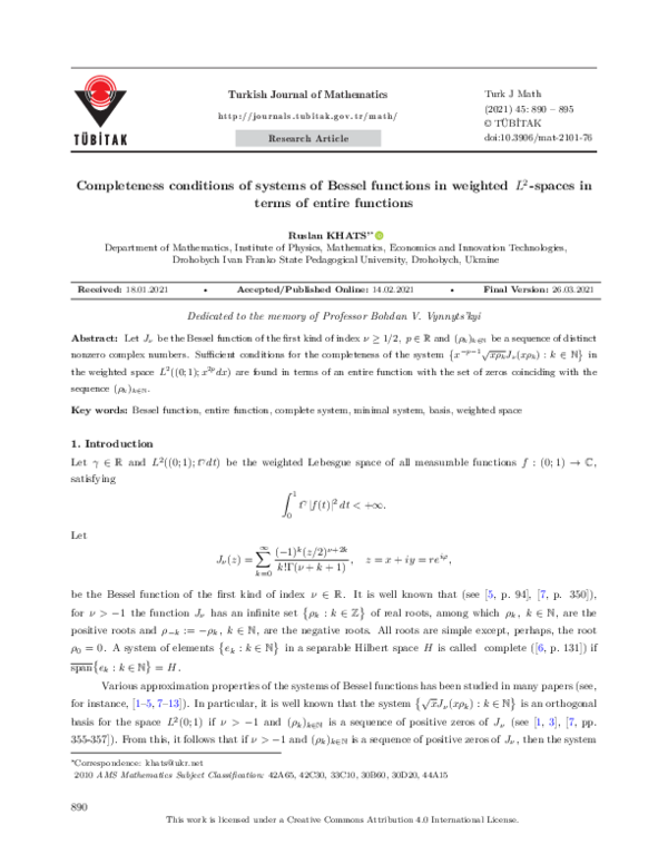 (PDF) Completeness conditions of systems of Bessel functions in weighted L2-spaces in terms of ...