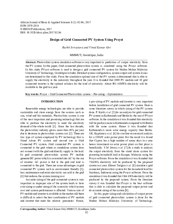 Pdf Design Of Grid Connected Pv System Using Pvsyst