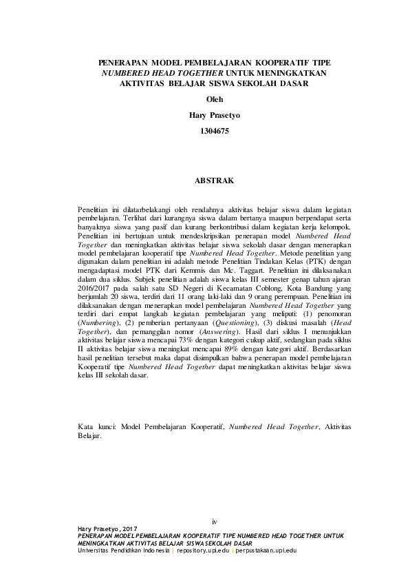 (PDF) Penerapan Model Pembelajaran Kooperatif Tipe Numbered Head Together Untuk Meningkatkan ...