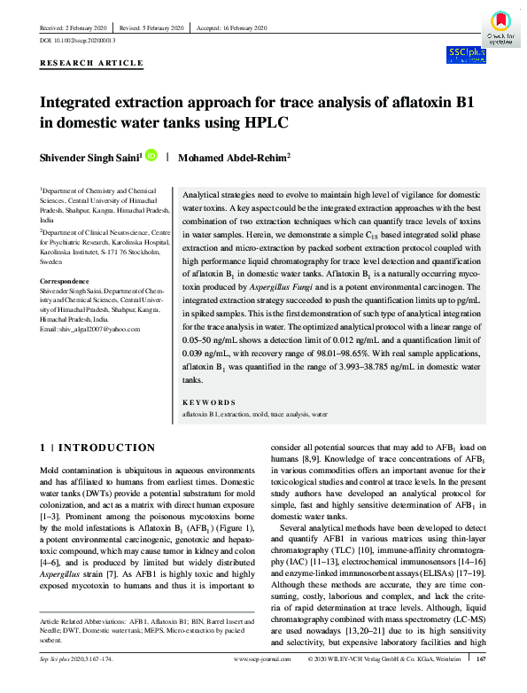 (PDF) Integrated extraction approach for trace analysis of aflatoxin B1 in domestic water tanks ...