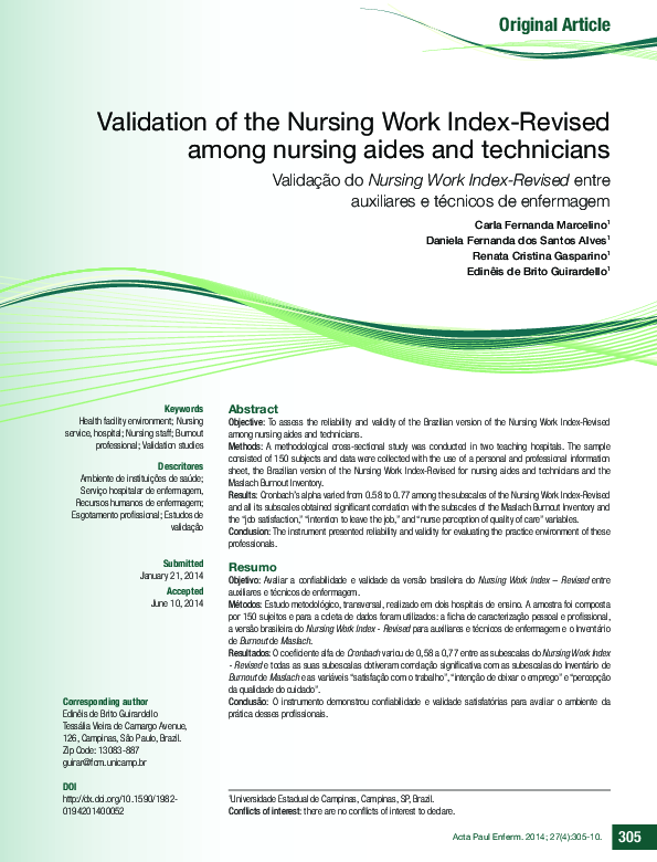 (PDF) Validação do Nursing Work Index-Revised entre auxiliares e ...