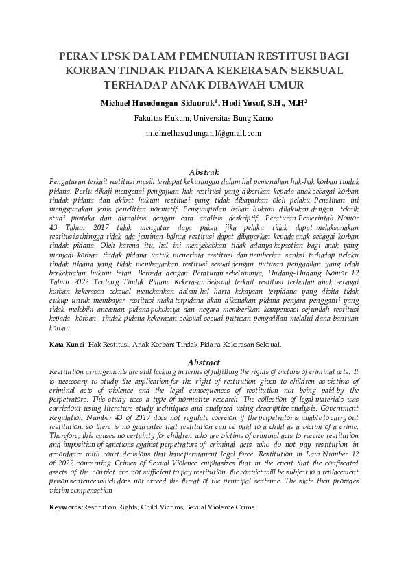 (PDF) PERAN LPSK DALAM PEMENUHAN RESTITUSI BAGI KORBAN TINDAK PIDANA KEKERASAN SEKSUAL TERHADAP ...