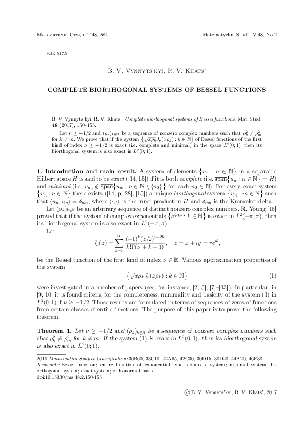 (PDF) Biorthogonal Systems of Bessel Functions in L2(0, 1)
