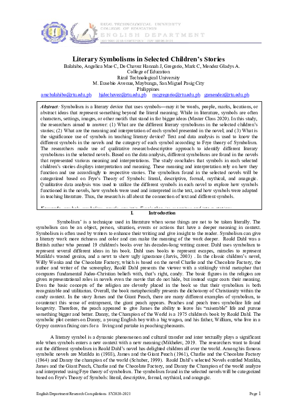 (DOC) Literary Symbolisms in Selected Children's Stories