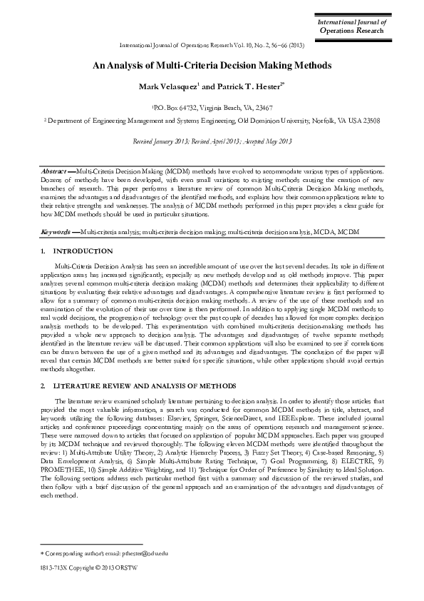 (PDF) An Analysis of Multi-Criteria Decision Making Methods