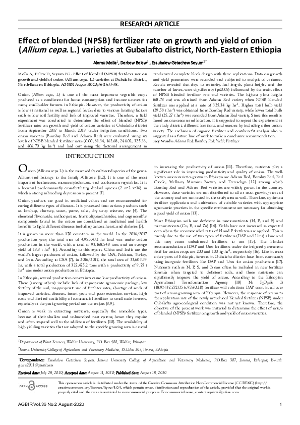 (PDF) Effect of blended (NPSB) fertilizer rate on growth and yield of ...