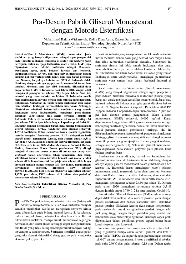 (PDF) Pra-Desain Pabrik Gliserol Monostearat dengan Metode Esterifikasi