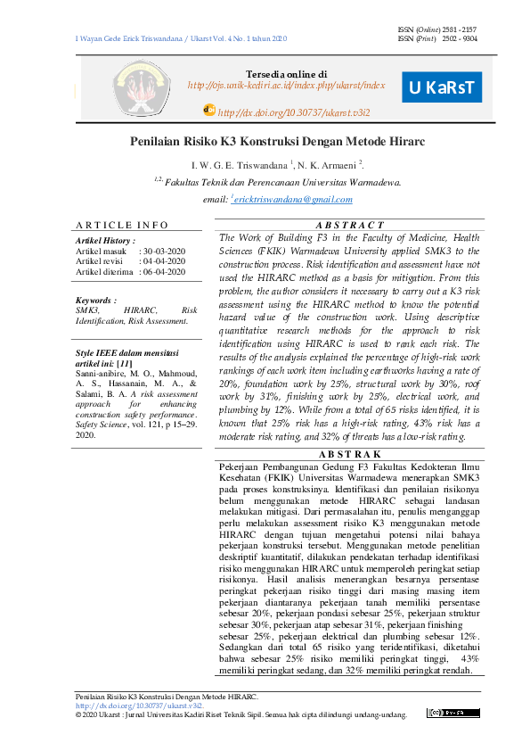 Pdf Penilaian Risiko K3 Dengan Metode Hirarc
