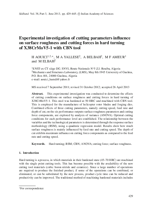 Pdf Experimental Investigation Of Cutting Parameters Influence On