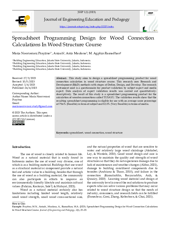 (PDF) Spreadsheet Programming Design for Wood Connection Calculations In Wood Structure Course