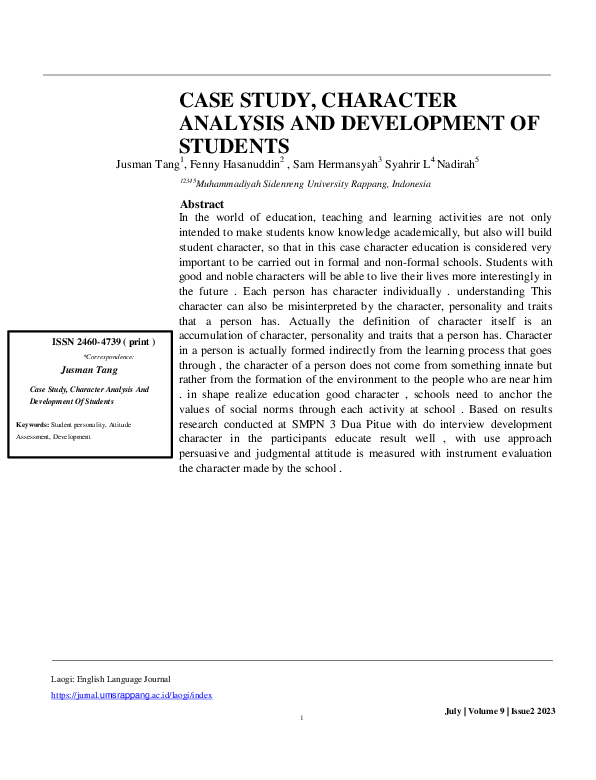 (PDF) Case Study, Character Analysis And Development Of Students