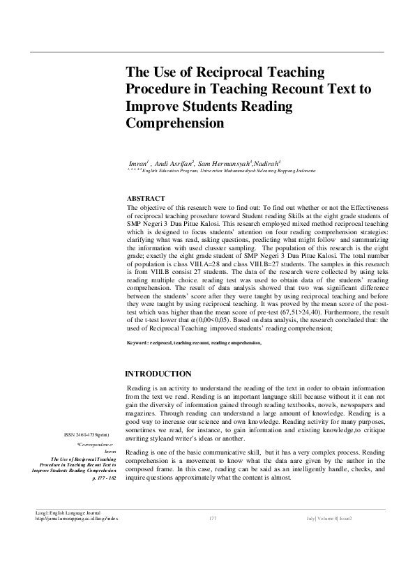 (PDF) The Use Of Reciprocal Teaching Procedure In Teaching Recount Text ...