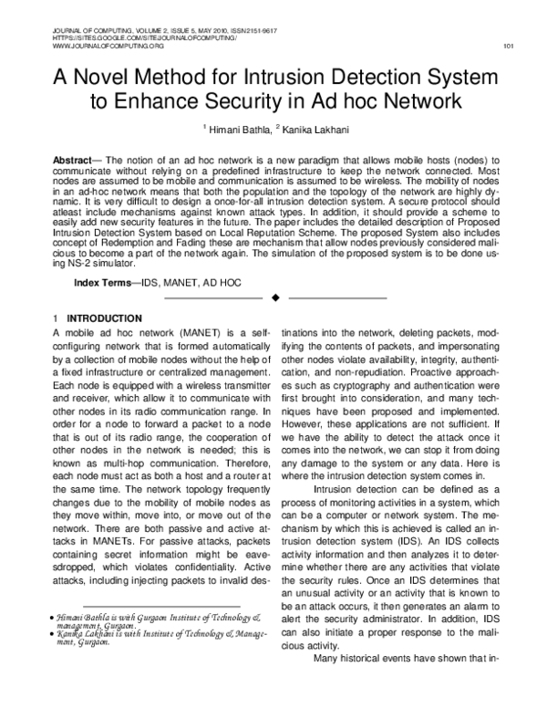 (PDF) A Novel Method for Intrusion Detection System to Enhance Security in Ad hoc Network ...
