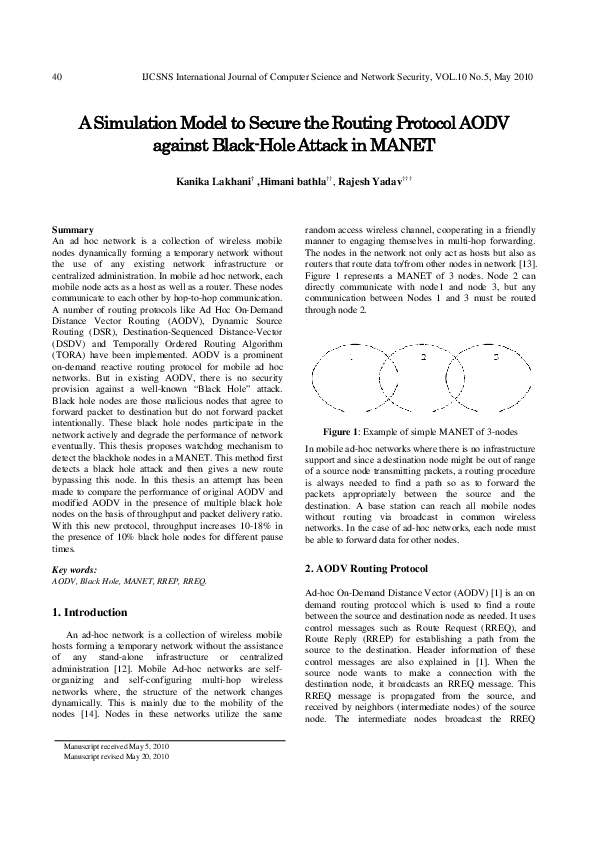 (PDF) A Simulation Model to Secure the Routing Protocol AODV against ...