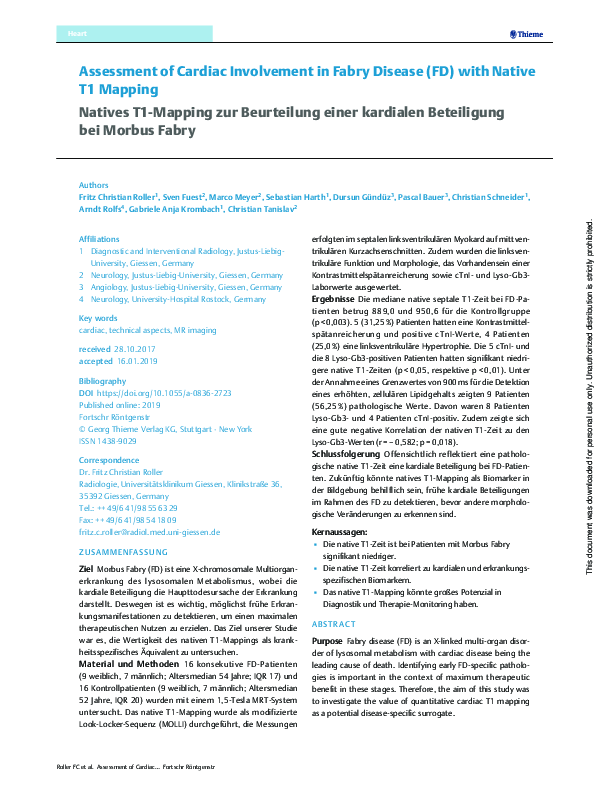 (PDF) Assessment of Cardiac Involvement in Fabry Disease (FD) with Native T1 Mapping | Dursun ...