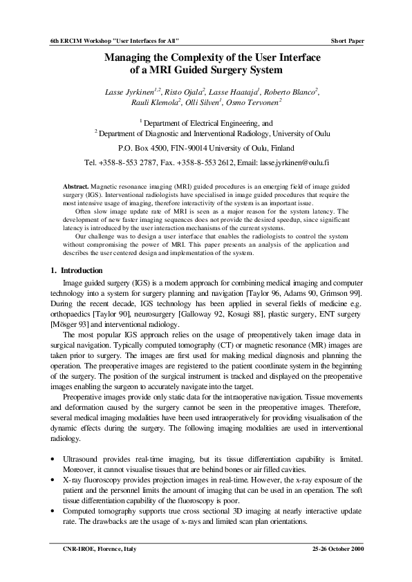 (PDF) Managing the complexity of the user interface of a MRI guided surgery system
